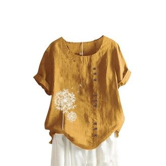 Generic Chemises en lin pour femme - T-shirt imprim&eacute; pissenlit floral - T-shirt d&eacute;t&eacute; d&eacute;contract&eacute; &agrave; col rond en coton et lin - Coupe d&eacute;contract&eacute;e, rose gold, X