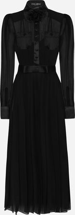 Dolce & Gabbana Longuette-kleid Im Hemdblusenstil Aus Chiffon Mit Satindetails - Frau Kleider Schwarz Seide 36