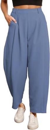 Generic Pantalon pour femme - Jambe large - &Eacute;lastique - Taille haute - Poche lat&eacute;rale - Pantalon de travail d&eacute;contract&eacute; - Pantalon extensible pour femme, bleu