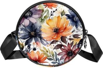 Generic Sac &agrave; bandouli&egrave;re rond pour femme, motif fleurs et feuilles, sac &agrave; dos avec fermeture &eacute;clair, bretelles r&eacute;glables, sac &agrave; main rond d&eacute;contract&eacute; pour fe