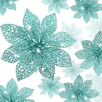 Boao 24 Stücke Glitzer Weihnachtsstern Weihnachtsbaum Ornament Weihnachten Blumen Dekor Ornament, 3/4/6 Zoll (Blau-Grün)