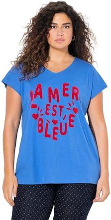 Ulla Popken Femme Grandes Tailles T-Shirt « La mer est Bleue », col en V et Manches Courtes Bleu Paon 50+ 836063741-50+