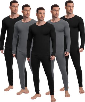 Patelai 5 Sets Herren Thermounterw&auml;sche Fleece Base Layer Set Winter Base Layer Kaltes Wetter Top Bottom, Retro-Schwarz, Retro-Grau, X-Large