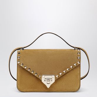 Valentino Garavani Kleine Rockstud Havana Umh&auml;ngetasche aus beigem Veloursleder