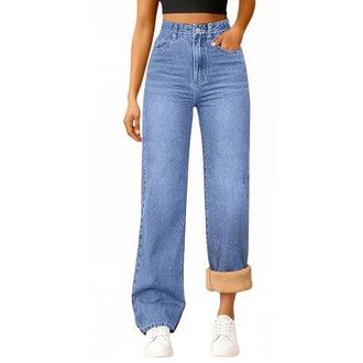 Generic Jean doublé en polaire pour femme - Taille haute - Coupe droite - Jambe large - Extensible - Jean dhiver mignon Boyfriend Y2k - Jean classique Y2k, bl