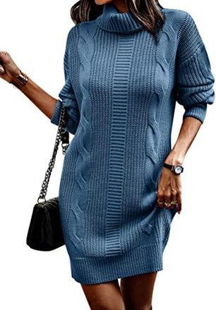 Minetom Robe Pull Femme Couleur Unie Manches Longues Pullover Col Roulé Robe Tricoté Automne Hiver Chandail Mini Robe A Bleu XL