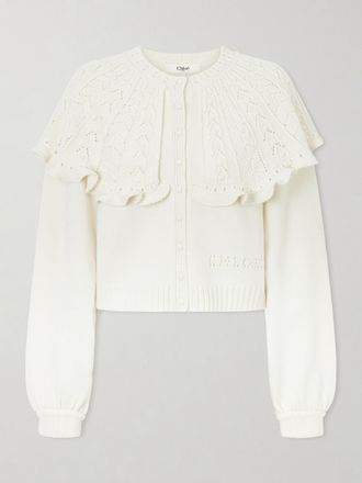 Chlo&eacute; Verk&uuml;rzter Cardigan Aus Einer Woll-kaschmirmischung In Pointelle-strick Mit R&uuml;schen - Creme