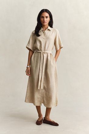 GANT Hemdblusenkleid GANT LINEN, Damen, Gr. 38, N-Gr, oat beige, Web, Obermaterial: 100% Leinen, unifarben, regular fit wadenlang, Rundhals, eingesetzt ger