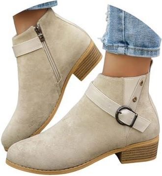 Generic Bottines plates pour femme &agrave; talons bas en faux daim avec sangle &eacute;lastique &agrave; boucle &agrave; bout rond - Bottes courtes avec fermeture &eacute;clair lat&eacute;rale - Chau