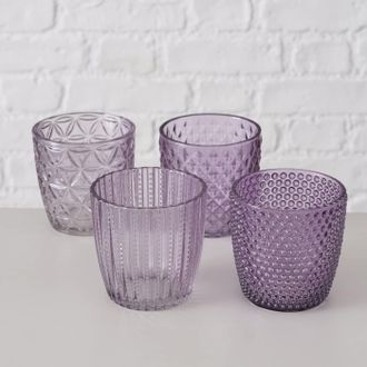 Wackadoo Windlicht Set 4-teilig, Deko-Gläser für Kerzen Teelichter, Kerzenständer, Teelichthalter ø 8 cm, deko Wohnzimmer (Lila)