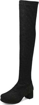 Generic Femmes Mode Denim au-dessus du genou bottes avec fermeture éclair confort bout rond talon bloc chaussures dhiver chaudes, Noir, 37.5 EU