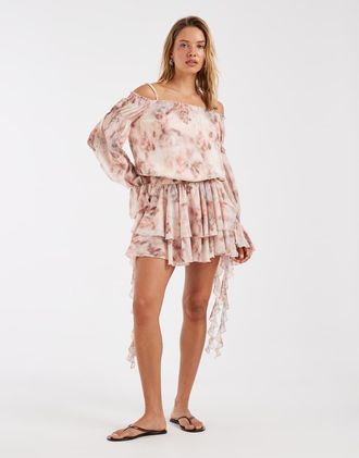 Kiss The Sky Kiss the Sky - Schulterfreies Boho-Minikleid in Rosa-Bunt mit asymmetrischen R&uuml;schen