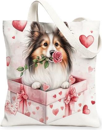 Generic Sac fourre-tout en toile motif chien de berger Shetland pour le shopping, 33 x 38,1 cm, cadeau amusant pour la Saint-Valentin, sac d&eacute;picerie r&eacute;utilisa