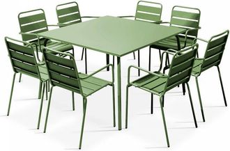 Oviala Ensemble table de jardin carr&eacute;e et 8 fauteuils en m&eacute;tal vert cactus - Palavas