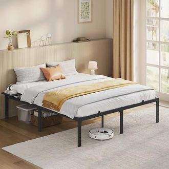 Vasagle Bett 160 x 200 cm, G&auml;stebett mit Aufbewahrungsregalen, Doppelbett, Bettgestell aus Metall, Bettrahmen, Metallbett, einfache Montage, klassikschwarz RM