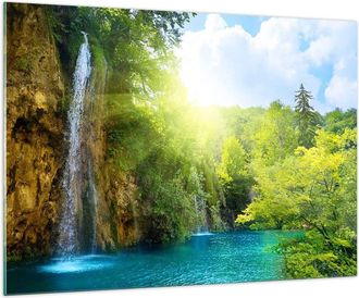 Arttor Bilder auf Glas 100x70cm Glasbild Wasserfall Forrest Himmel Groß Wanddeko Bild im Glas Schlafzimmer Küche Deko Wandbilder Dekoration Wohnzimmer Modern