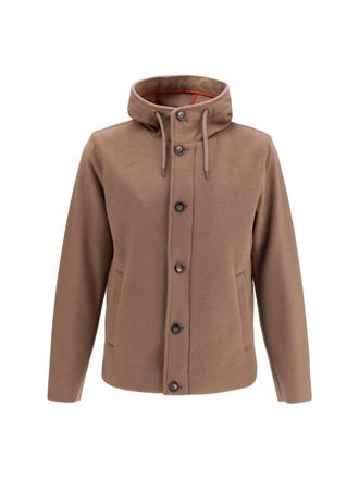 Herno Mens Jacket Hooded Button-Front Dark Taupe Polyester