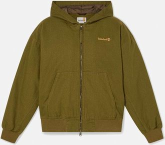 Timberland All Gender Bomberjacke aus gewaschenem Duck-Canvas mit Kapuze in Dunkelgr&uuml;n, Gr&uuml;n, Gr&ouml;&szlig;e