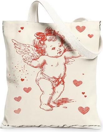 Generic Sac fourre-tout vintage romantique en toile, motif coeur, sacs &agrave; provisions r&eacute;utilisables, l&eacute;gers et lavables avec bandouli&egrave;re, cr&egrave;me, 13x15 Inch