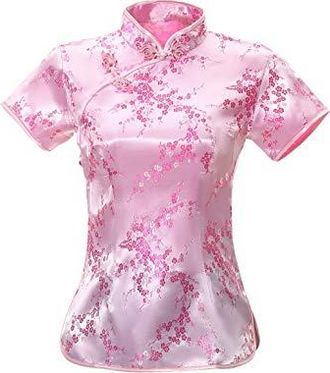 ACVIP Qipao Chemisier chinois à manches courtes et col montant pour femme Motif fleurs de prunier, rose, 38 FR