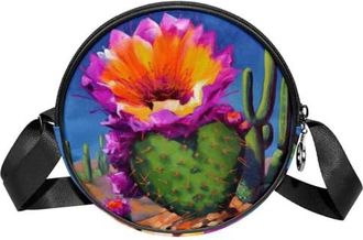 Generic Petit sac &agrave; bandouli&egrave;re rond pour femme, motif fleurs de cactus avec fermeture &eacute;clair, bretelles r&eacute;glables, sac &agrave; main rond d&eacute;contract&eacute; pour femmes et