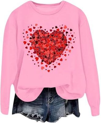 Generic Pull Femme Coeur Imprim&eacute; Sweatshirt Saint-Valentin T-shirt &agrave; manches longues d&eacute;contract&eacute; Col rond Pull &eacute;l&eacute;gant sans capuche Manches longues T-shirt l&eacute;