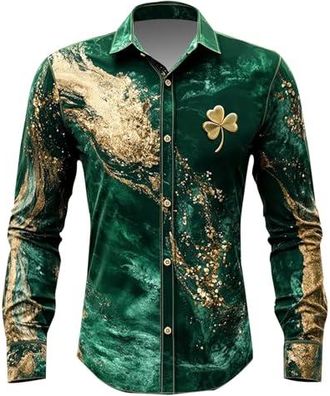 Generic Chemises de bowling vintage boutonnées à manches longues pour homme pour la Saint-Patrick, t-shirt tropical Aloha Beach Tops Irlandais Trèfle Imprimé 
