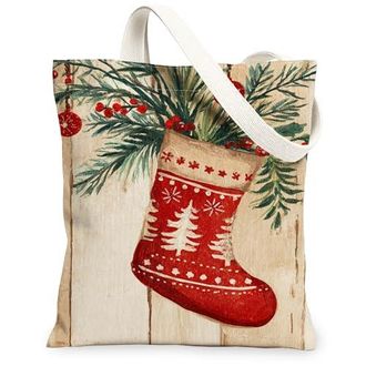 Generic Sacs fourre-tout en toile pour chaussettes de No&euml;l, sacs r&eacute;utilisables &agrave; motif floral pour lhiver, en lin rustique, l&eacute;ger et lavable avec bandouli&egrave;re,