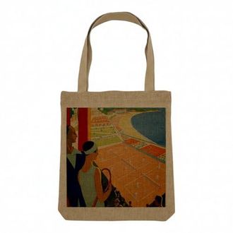 Fabulous Sac Shopping Tote Bag Aspect Lin - Monte Carlo Tennis Affiche Poster Vintage Voyage Art Deco 30s - Sac de Courses Toile Epaisse 360g Beige Naturel Cab