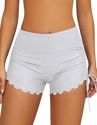 SHEKINI Short de bain taille haute pour femme - Cravate lat&eacute;rale - Maillot de bain - Short de bain, Blanc., M