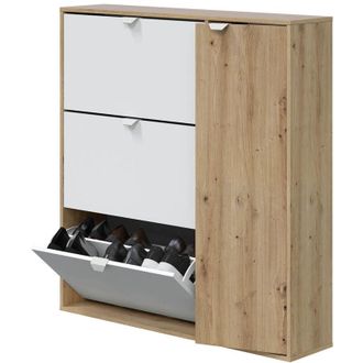 PEGANE Pegane - Meuble &agrave; chaussures, commode &agrave; chaussures avec 4 portes coloris Ch&ecirc;ne nordique, blanc artik - hauteur 112 x longueur 105 x profondeur 24 cm