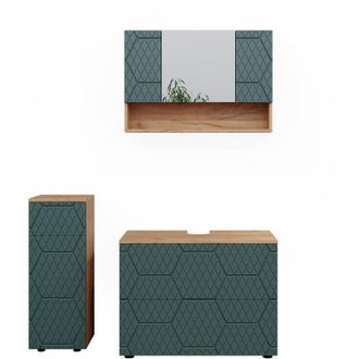 Vicco Ensemble de meubles de salle de bain Irma, Vert, 3 pi&egrave;ces, avec armoire &agrave; tiroirs et armoire middle