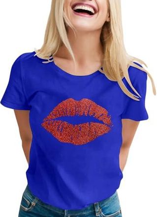 Generic T-shirt imprim&eacute; &agrave; manches courtes et col rond pour femme, bleu, XXL