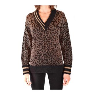 Pinko Pinko, Femme, Pulls, Brun, Taille: 38 FR Pull en Tricot &agrave; Col en V Motif L&eacute;opard