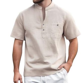 Generico Chemise d&eacute;t&eacute; en lin pour homme, manches courtes, en coton et lin, chemise d&eacute;contract&eacute;e en lin, coupe r&eacute;guli&egrave;re, chemise traditionnelle, beige, XXL