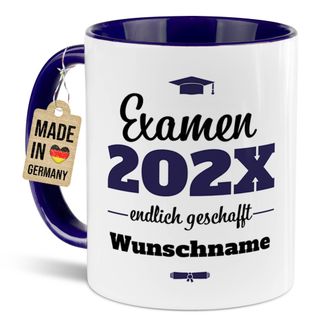 Tassendruck Tasse mit Spruch - Examen - Endlich geschafft - mit Name & Abschlussjahr selbst gestalten - Geschenk zum bestandenen Examen, Innen & Henkel Dunkelblau