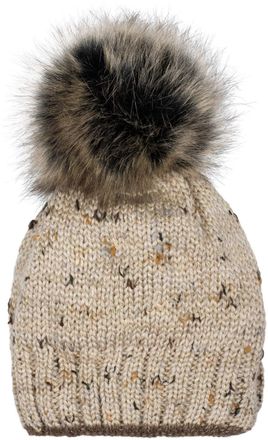 styleBREAKER Damen Strick Bommelm&uuml;tze bunt Gemustert mit Glitzerfaden und Fleece Futter, Winter Fellbommel M&uuml;tze 04024178, Farbe:Beige