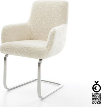 DELIFE Freischwinger Heira-Flex mit Armlehnen Teddystoff Beige Freischwinger flach Edelstahl Taschenfederkern, Esszimmerst&uuml;hle