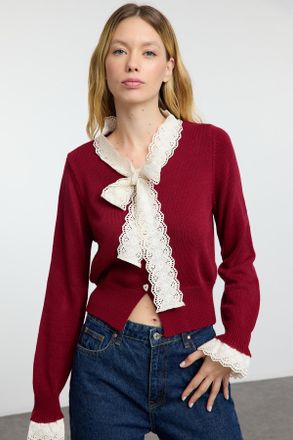 Trendyol Long color-block cardigan, regular fit - Bordeaux