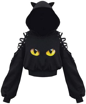 EUDOLAH Damen Hoodie Schulterfrei Katzen Ohr Hoodie Kapuzenpulli mit Bänder kurzes Sweatshirt (Katzenaugen XL)
