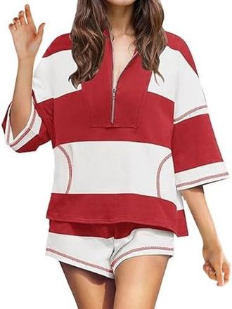 Generic Ensemble dentra&icirc;nement 2 pi&egrave;ces pour femme &agrave; rayures surdimensionn&eacute; assorti avec chemise et short &agrave; fermeture &eacute;clair 1/4, Rouge, XXL