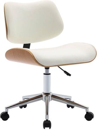 Sweeek Sweeek - Chaise de bureau &agrave; roulettes d&eacute;cor bois courb&eacute; placage effet ch&ecirc;ne et simili cuir blanc