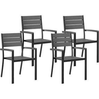 Beliani Lot 4 Chaises de Jardin en Aluminum Noir et Assise Effet Bois Gris Design Universel et Mati&egrave;res Durables pour Terrasse ou Balcon Moderne Beliani