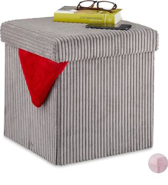 Relaxdays Sitzwürfel, faltbar, Sitzhocker mit Stauraum, Kordsamt, quadratisch, mit Deckel, Samthocker 38x38x38 cm, grau