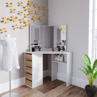 Vicco Eckschminktisch Weiß/Sonoma Arielle 110x141.5x54 cm - Frisiertisch für die Ecke, Spart Platz und nutzt Zimmerecken optimal aus