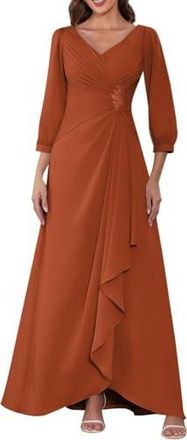 Generic Robe de mère de la mariée en mousseline de soie plissée à manches 3/4 pour femme, rouille, 58 Grande taille