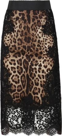 Dolce & Gabbana Femme, Jupes, Multicolore, Taille: 36 FR Jupe midi en satin à imprimé léopard avec inserts en dentelle