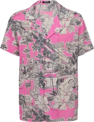 Balmain Kurz&auml;rmeliges Pyjamahemd aus Seide mit Miami-Print - - Shirts - Herren - Rosa - 2XL