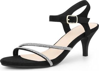 Allegra K Sandales &agrave; talon chaton avec sangle de cheville et strass pour femme, Noir, 39.5 EU