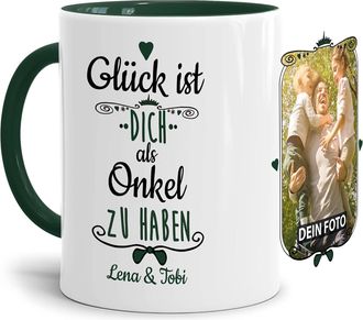 Tassendruck Tasse mit Spruch - Glück ist, Dich als Onkel zu haben - Personalisierbare Keramiktasse mit Namen und Foto - Geschenkidee für den Onkel - Innen & Henke